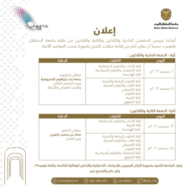 Sultan Qaboos University announces the holding of graduation ceremony ...